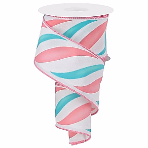 Craig Bachman Pink, White and Ice Blue Swirl Candy Stripe Wired Edge Ribbon 2.5" x10 Yards - Holiday Decorating Gingerbread Christmas Crafting Ribbon