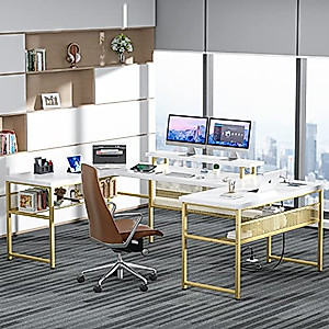 Unikito U Shaped Desk with LED Strip and Power Outlet, Reversible Large Corner Computer Desk with Monitor Stand and Storage Shelf, 83 Inch U Shape Office Desks, 2 Person L Shaped Gaming Table, White