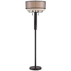 Franklin Iron Works Alamo Industrial Rustic Farmhouse Standing Floor Lamp 62" Tall Bronze Sheer Brown Organza Linen Fabric Double Drum Shades for Living Room Reading Bedroom Office House Home Decor