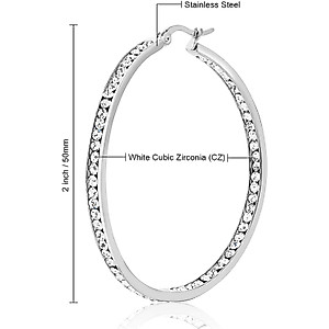 Women's Stainless Steel 2 Inch Inside-Out Crystal Cz Large Big Hoop Earrings Rhinestone Silver Tone Pierced Ladies Cubic Zirconia Hoop Earrings Hypoallergenic for Sensitive Ears