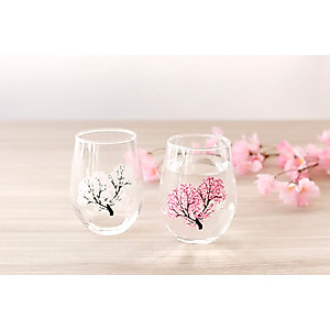 Japanese Sakura Cherry Blossom Color Changing Glass Cups (Pair) Magical Blooming Wine Glasses