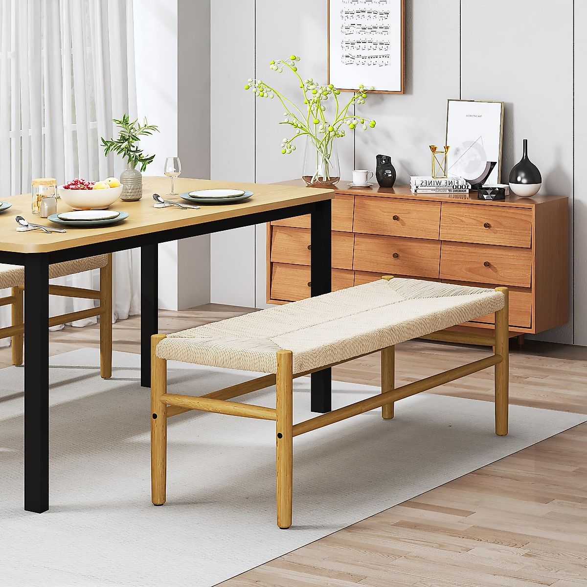 Recaceik Indoor Entryway Bench with Paper Cord Ottoman, Mid-Century Long Bench with Rubber Wood Legs, French Vanity End Bed Bench for Bedroom Living Room Channel