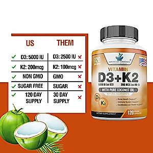 Vitamin D3 K2 (MK-7), Vitamin D3 (5000IU) + K2 (MK-7) 200mcg w/ Organic Coconut Oil, Vitamin D3 + K2, Vitamin D3 + K2, Vitamin K2 D3, Immune & Bone Health, No Fillers, Made in USA, 120 Veggie Capsule