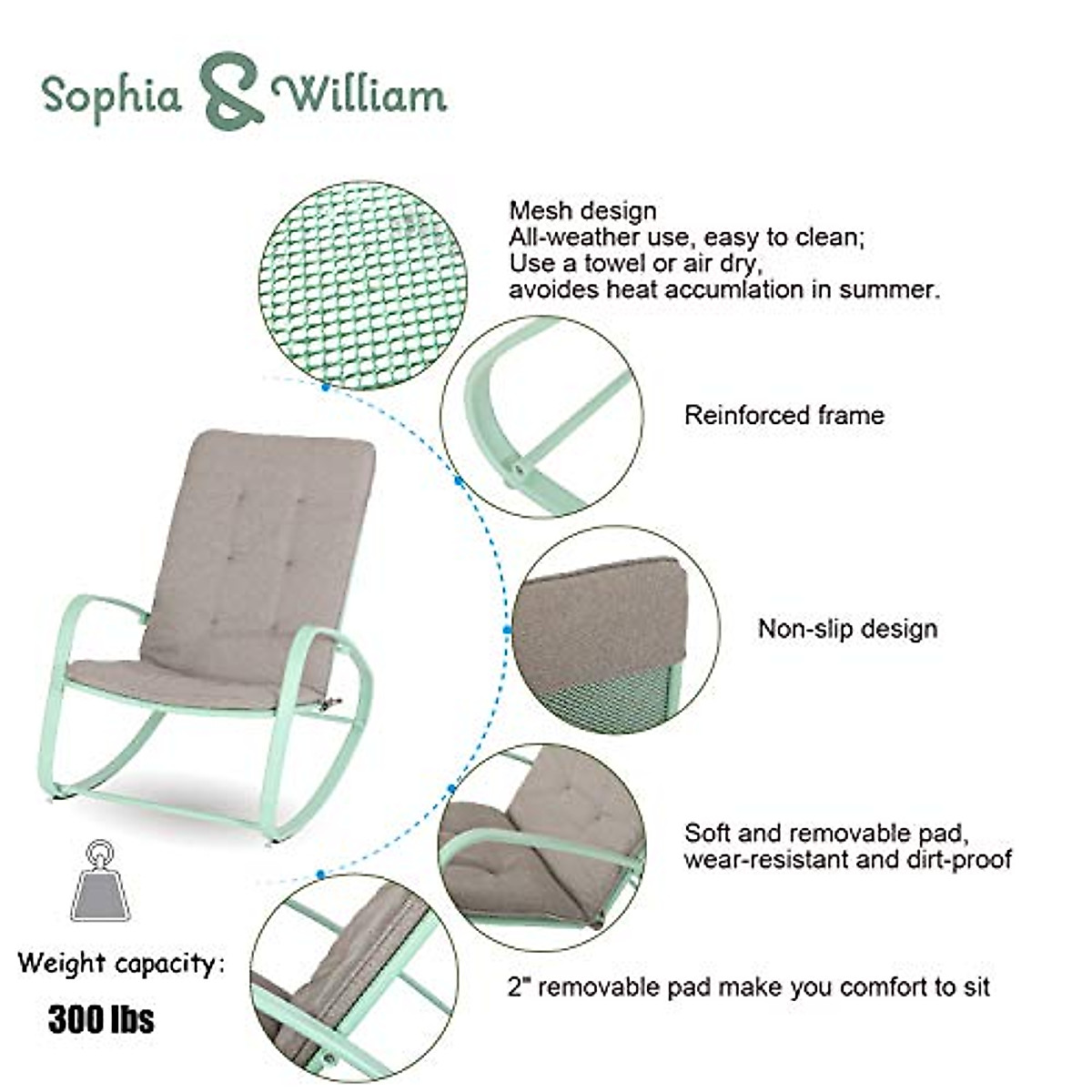 Sophia & William Outdoor Patio Rocking Chair Padded Steel Rocker Chairs Clearance Support 300lbs, Green