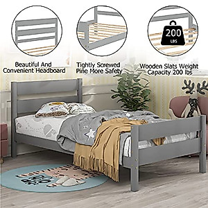 Pvillez Twin Bed Frames, Wood Twin Bed Frame with Headboard and Footboard Kids Bed Frame,Twin Wooden Bedframes Platform with Storage for Girls Boy No Box Spring Needed (Gray)