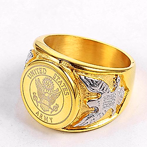 JAJAFOOK Vintage Titanium Steel US Military Army Ring Eagle Medal Rings for Men,Gold with Silver 10