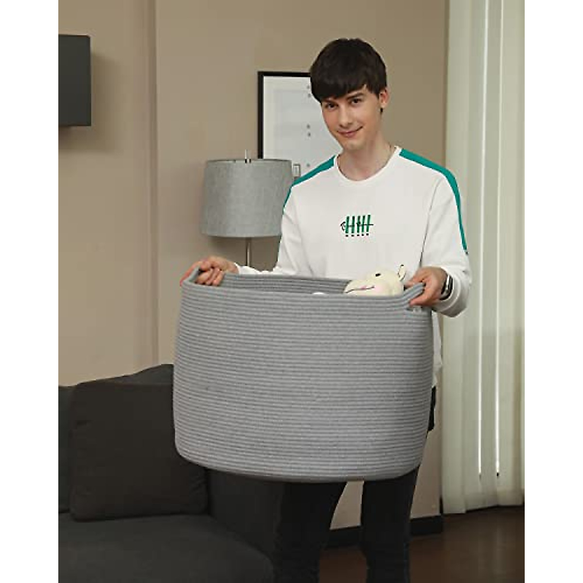 24" x 24" x 17" Max Size Large Cotton Rope Basket, Extra Large Storage Basket, Woven Laundry Hamper, Cloth Storage Bin, for Blankets Clothes Towels Pillows in Living Room, Full Grey