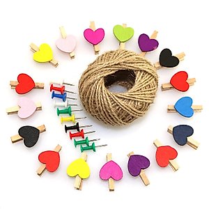 RuiLing Photo Craft Decoration Clips Set - 50pcs Colorful Mini Heart Love Wooden Clothespin + 10pcs Thumbtack + 1 Roll Hemp Rope