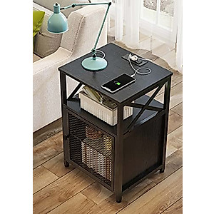 Rolanstar Nightstand with Charging Station, End Table with LED Lights & Power Outlets, Side Table with Storage Shelf, Sofa Table with Glass Shelf Mesh Door for Bedroom, Black