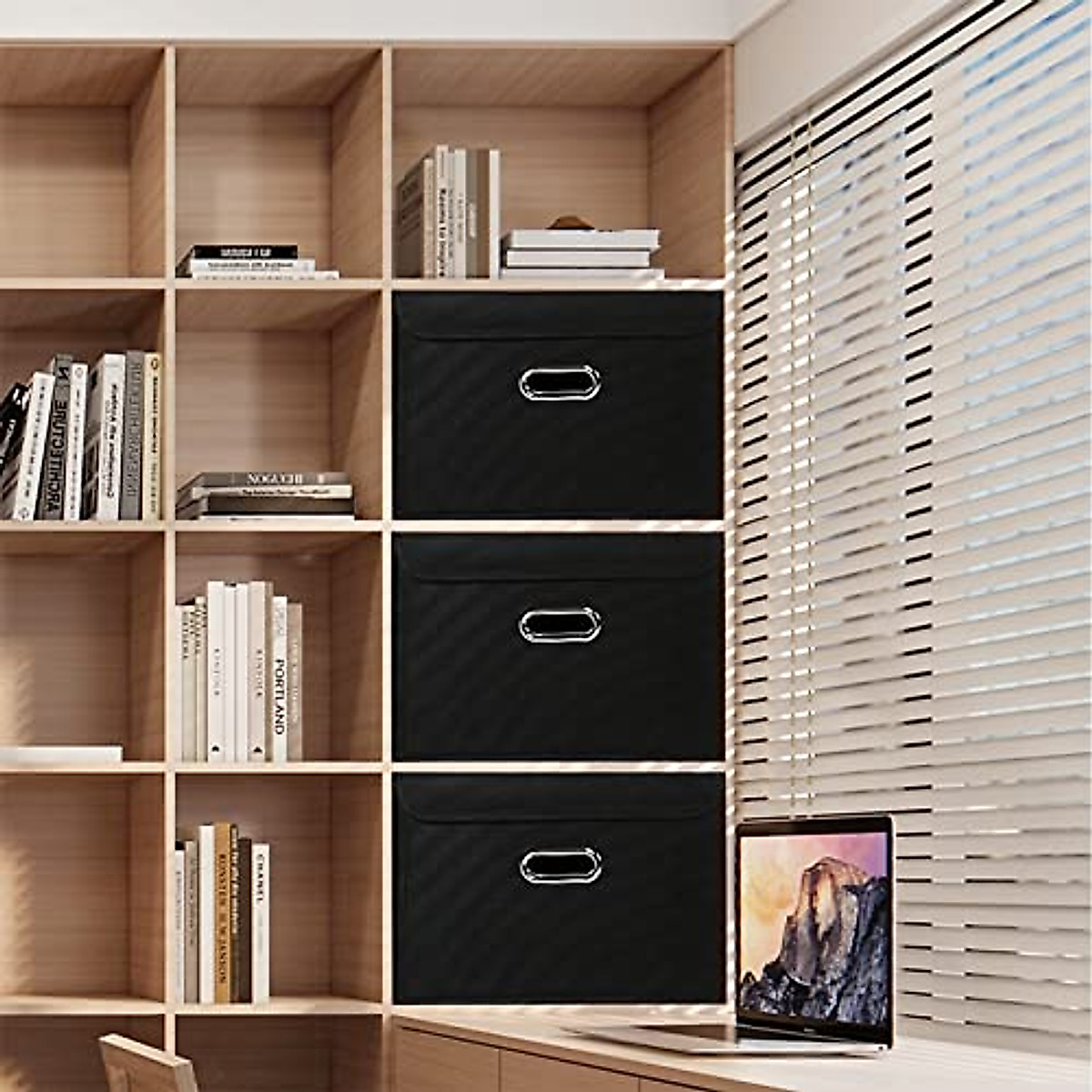 DABEACT Foldable Fabric Storage Cube Bins with Lids collapsible storage bins basket Closet Organizers with Handles for Home ,Storage Boxes for Organizing,3 Pack,(Black)