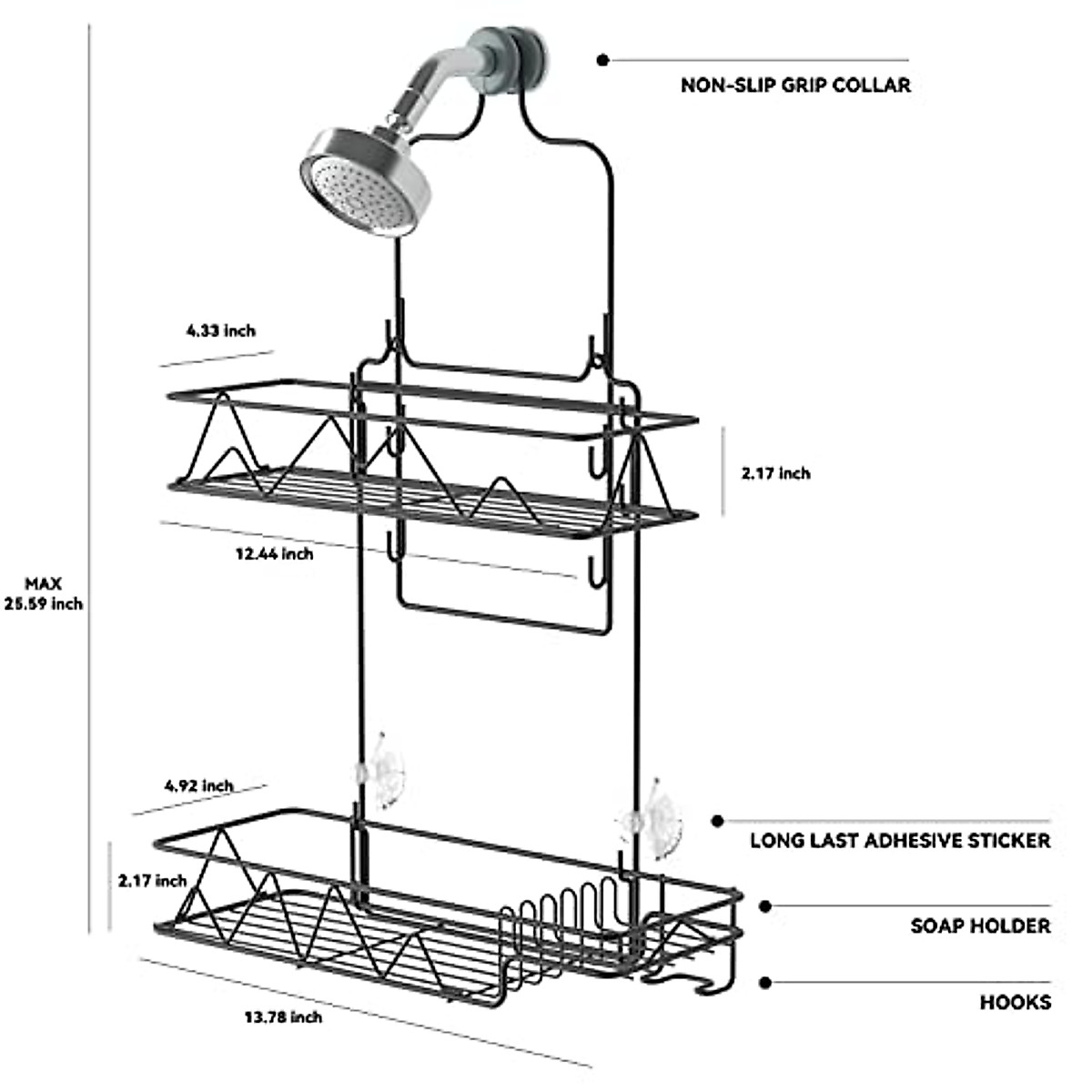GeekDigg Hanging Shower Caddy, Height Adjustable Shower Organizer Over Shower Head, Stainless Steel Rustproof Shower Shelves with Soap Holder for Bathroom, Bathtub, Shower Room- Black