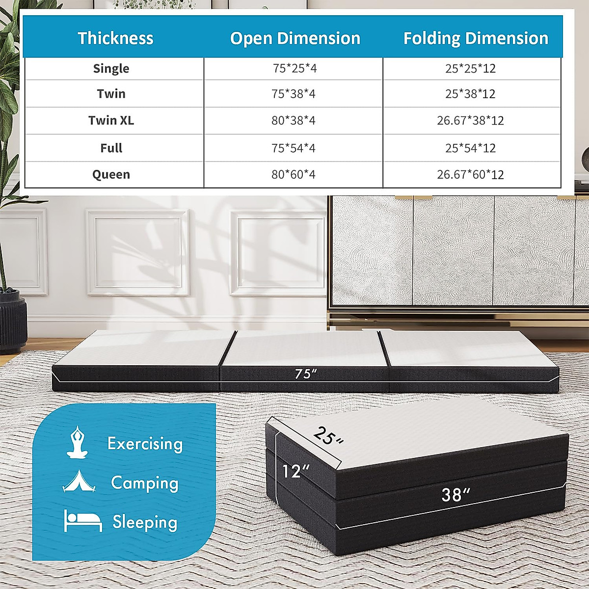 wOod-it Folding Mattress, 4 inch Tri-Fold Memory Foam Mattress Topper for Camping, Foldable Guest Bed, Portable Travel Mat with Washable Cover, 75"×38"×4", White