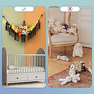 CanJoo Stuffed Animal Net, Stuffed Animal Hammock with LED light Wall Mesh Toy Net Hammock for Stuffed Animals Corner Hanging Toy Storage Organizer Plush Toy Net for Kids’ Play Room Bedroom Black