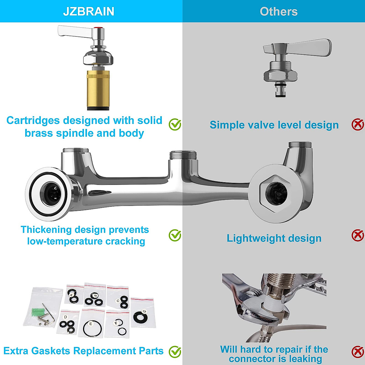 JZBRAIN Commercial Faucet with Sprayer, 36'' Height 8 Inch Center Brass Constructed Wall Mount Kitchen Sink Faucet with Pull Down Pre-Rinse Sprayer and 12" Swing Spout Fit for 2/3 Compartment Sink