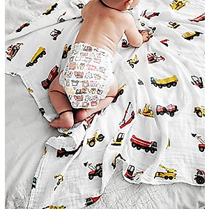 Bundle of ADDISON BELLE Products - 100% Cotton Fitted Crib Sheet + Muslin Swaddle - Construction Trucks - Soft, Durable & Breathable