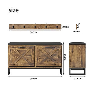 Maupvit Shoe Cabinet with 2 Flip Drawers & Coat Rack, Shoe Storage Bench with Seat Cushion for Entryway, 5 Large Sturdy Metal Hooks - with Locking Wall Parts, Rustic Brown