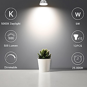 GU10 LED Bulb Dimmable, 50W Halogen Equivalent, 5000K Daylight White Natural Light Bulbs, 500LM White Light Bulbs Replacement for Recessed Track Living Room Bathroom Lighting, 5W 12 Pack