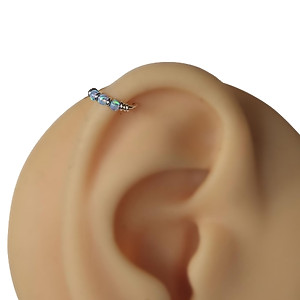 Handmade Silver Single Teany Tiny 8MM Nose Ring Cartilgae Helix Piercing Hoop Earring with Trio Blue Opal, 925 Sterling Silver 8MM Thin 22Gauge Hoop for women, By Miya Jewelry Creations