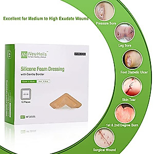 Silicone Adhesive Foam Dressing with Gentle Border 4''x4'' for Bed Sore Leg Ulcer 10 Pack, High Absorbency Waterproof Silicone Wound Bandage for Foot Diabetic Ulcer