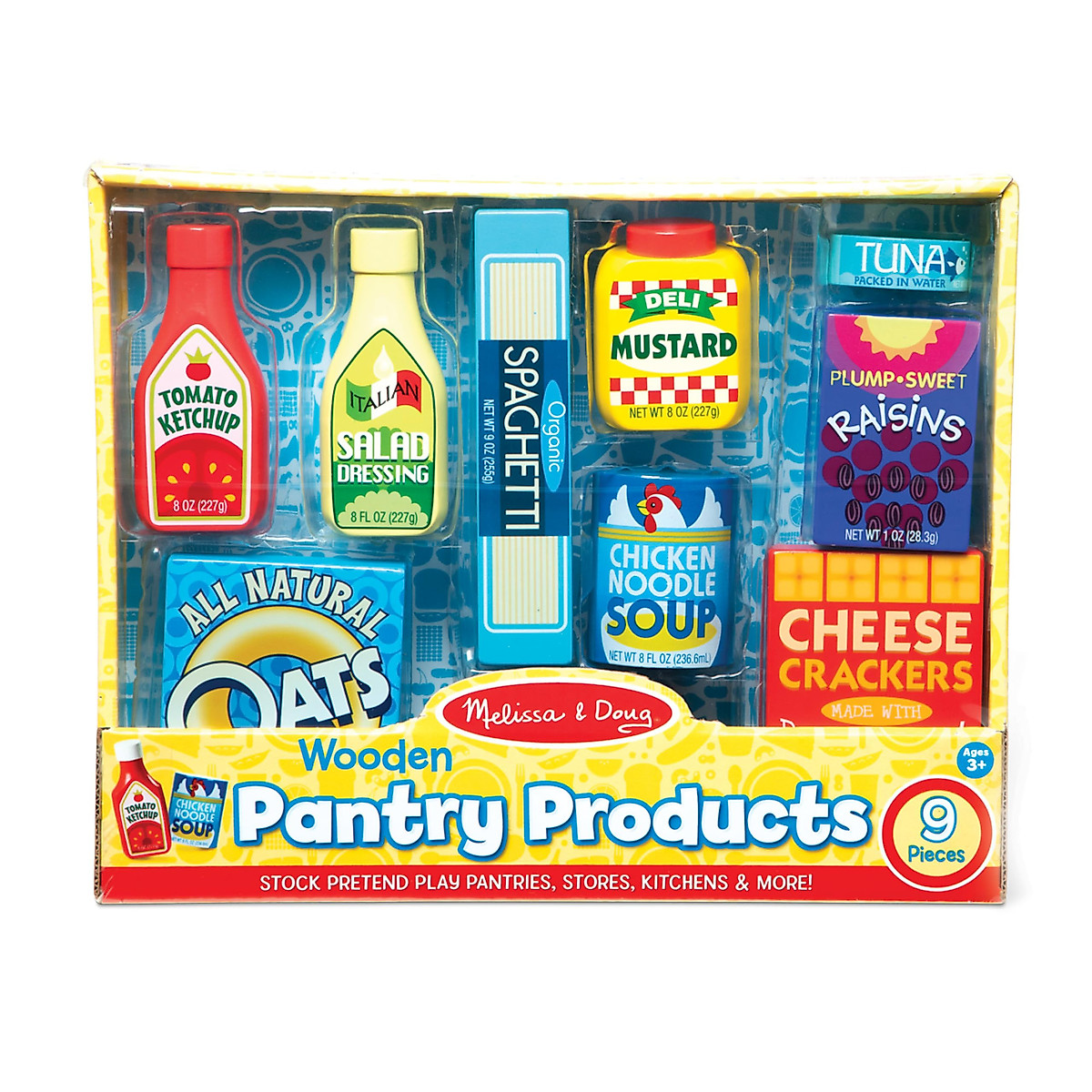 Melissa & Doug Wooden Pantry Products Play Food Set (9 pcs) - Pretend Play Kitchen Accessories, Wooden Play Grocery Sets For Kids Ages 3+