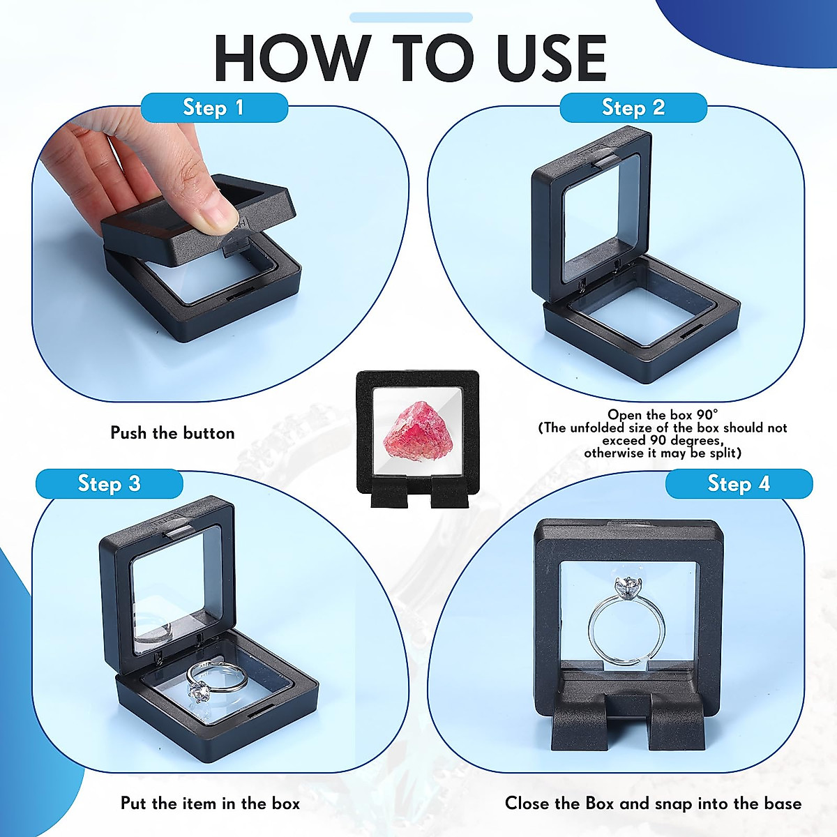 Tondiamo 60 Set 3D Floating Display Case Transparent PE Film Jewelry Storage Box Coins Frame Stand Holder for Guitar Pick Medallion Medals Gems Rocks Pins Chip (Black,4.33'' x 4.33'')