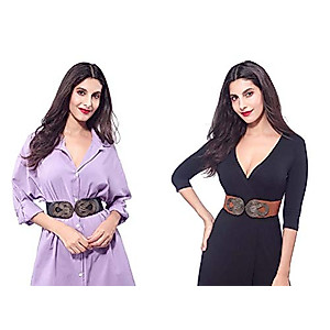 VOCHIC 2pcs Vintage Basic Stretchy Elastic Wide Waist Belt for Womens Dress Metal Interlock Buckle