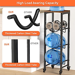 5 Gallon Water Bottle Jug Holder 3-Tier Water Bottle Holder Organizer with Lockable Casters Heavy Duty Water Storage Rack Water Dispenser Stand With Wood Top Shelf for Kitchen Office Garage Brown