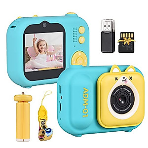 Andoer 1080P Kids Digital Camera Mini Video Camera for Kids 48MP 2.4 Inch IPS Screen Dual Lens Built-in Battery with 32GB Memory Card & Card Reader & Desktop Tripod Birthday Blue