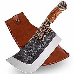 Purple Dragon Meat Cleaver Knife Heavy Duty Butcher Knife Hand Forged Professional Bone Chopper with leather sheath outdoor Knife High Carbon Steel Sharp for Home or Restaurant Gift Box