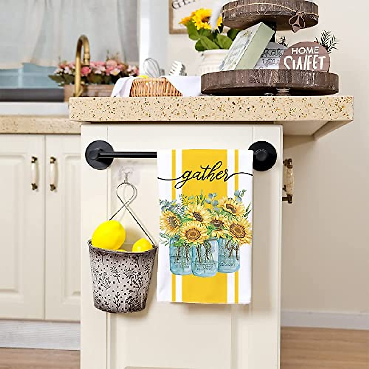 GEEORY Kitchen Towels for Summer Decor Sunflowers Mason Jar Dish Towels 18x26 Inch Ultra Absorbent Bar Drying Cloth Hand Towel for Kitchen Bathroom Party Home Decorations Set of 2