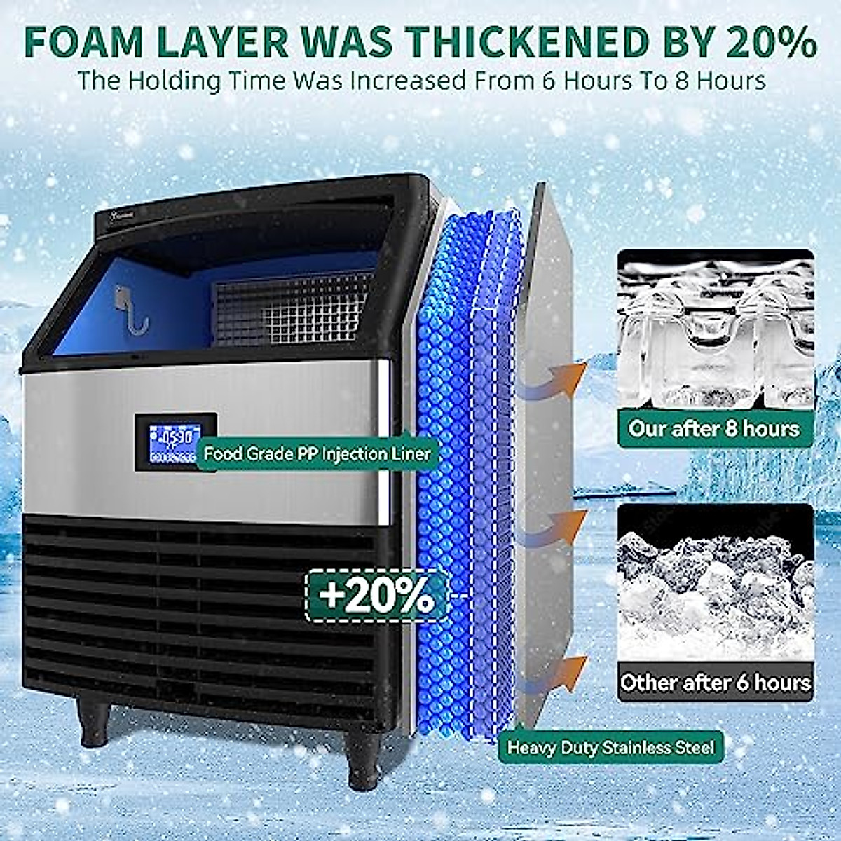 YITAHOME 2023 Upgraded Commercial Ice Maker Machine 270lbs/24h with 100lbs Storage Bin, Stainless Steel Ice Scoop, Blue Light, Freestanding Ice Machine for Home, Restaurants, Bars