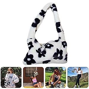VALICLUD Fuzzy Tote Bag Hobo Bag Small Faux Fur Purse Flower Clutch Bag Furry Handbag Underarm Purse for Women