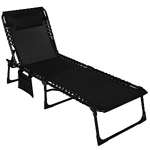 MUPATER 4-Fold Patio Chaise Lounge Chair for Outdoor with Detachable Pocket and Pillow, Portable Sun Lounger Recliner for Beach, Camping and Pool, Cream White