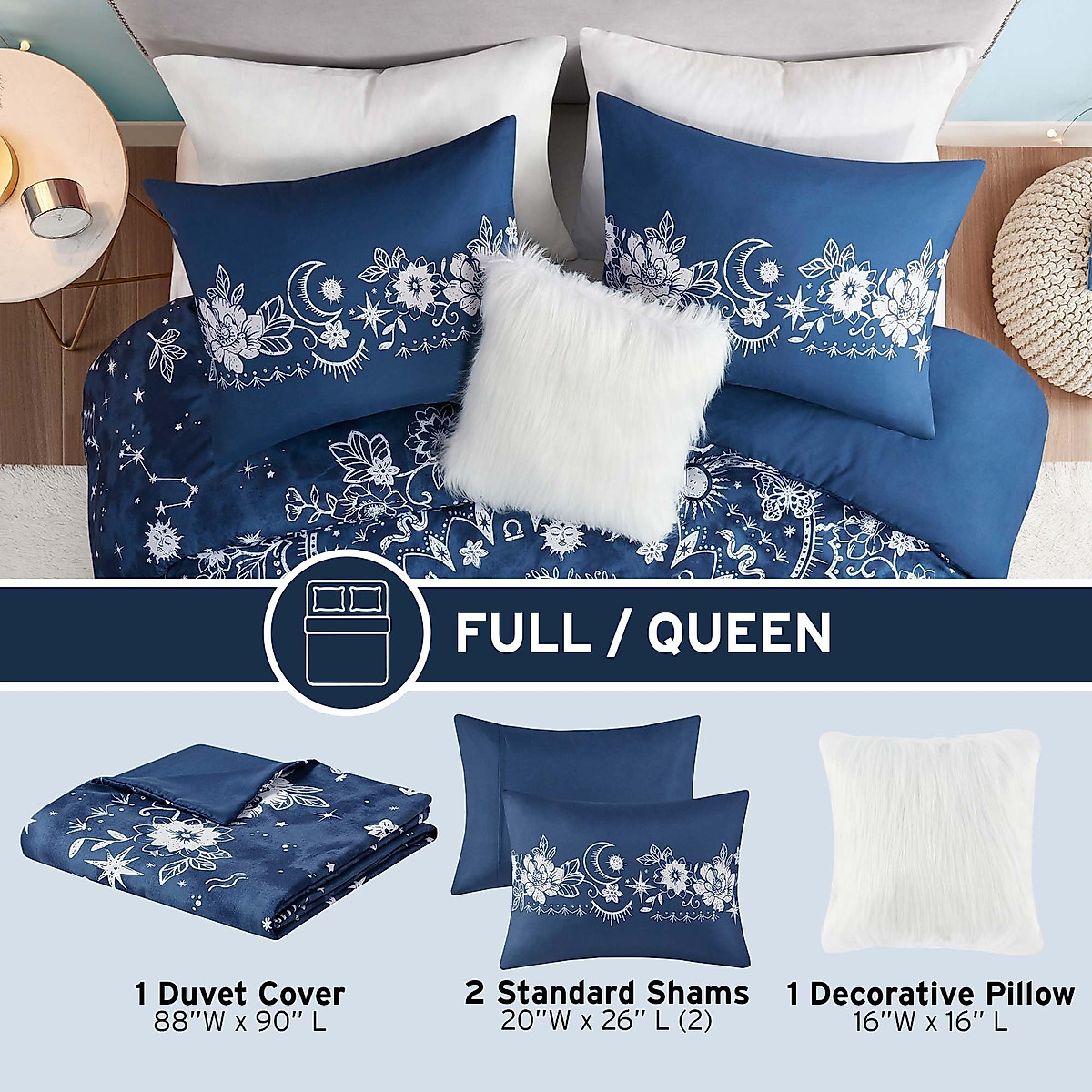 Intelligent Design Queen Duvet Cover Set Cosmic, Moon and Sun Celestial Print Duvet Cover Queen Size, Lightweight All Season Bedding Cover Queen, Sham, Décor Pillow, Stella, Full/Queen, Navy 5 Piece
