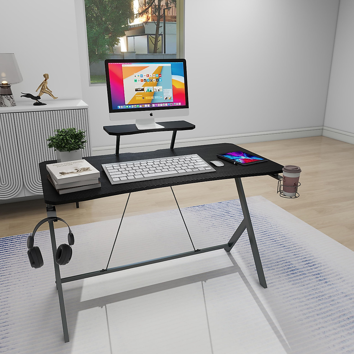 DEILALY 45IN Gaming Desk Gamer Table Carbon Fiber Surface Computer Table Gamer Desk with Monitor Shelf Office Home Study Desk Work PC Table Steel Legs Corner Desk Black