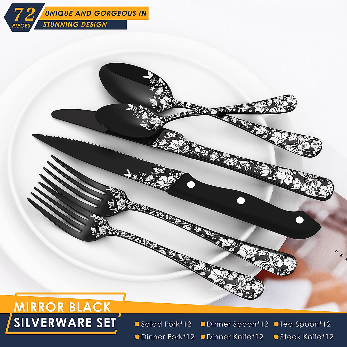 Stapava 72-Piece Black Silverware Set for 12 with Steak Knives, Stainless Steel Cutlery Flatware Set for 12, Eating Utensils Tableware with Butterfly Flower Laser, Mirror Polished, Dishwasher Safe