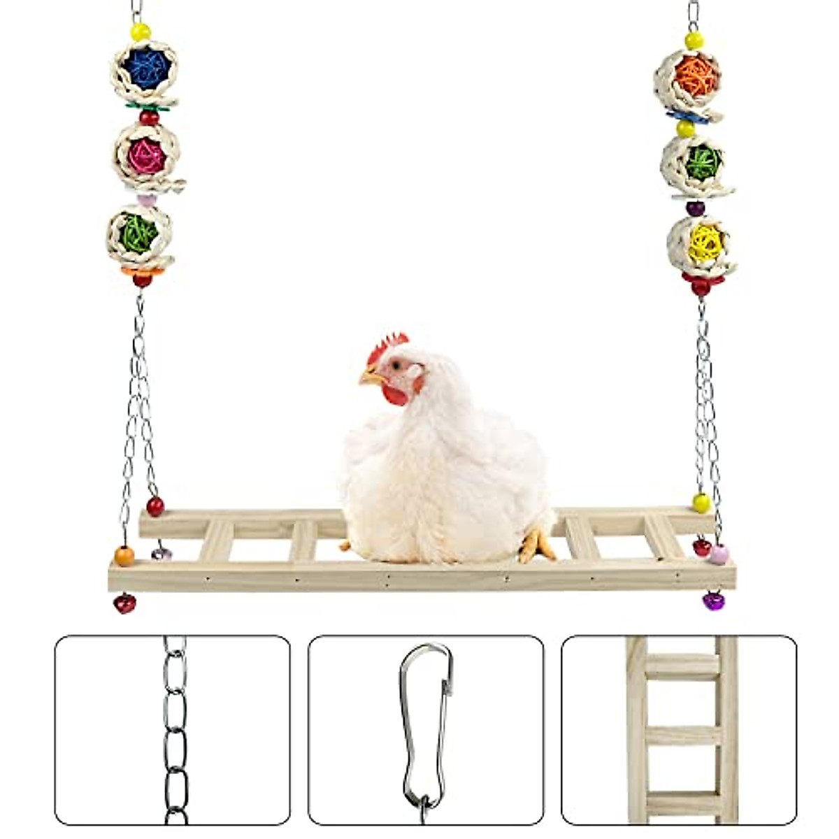 Chicken Toys, 6Pcs Oziyrnka Chicken Toys for Coop with Durable Long Chain, Chicken Swing Roomy Solid Wood, Chicken Coop Toys Fruits Feeder, Toys for Chickens, Chicken Xylophone