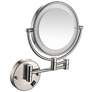 YSOLDA 8 Inch Dual Sided Wall Mounted Lighted Makeup Vanity Mirror with LED, 1X/10X Magnifying and 360° Swivel Extendable Cosmetic Mirror, Wall Mirror for Bathroom Shaving,Nickel,Hard Wired