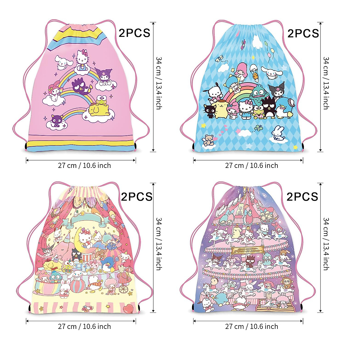 RoKiNou Kawaii Party Drawstring Bags 8Pack, Keroppi Kuromi Melody Birthday Party Supplies Goodies Bags, Party Girls Drawstring Bags for Hello Kitty Theme Kid's Party (4 Style)