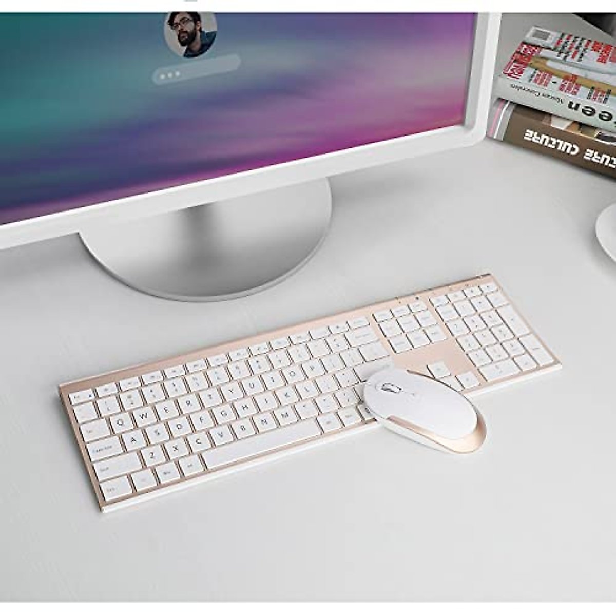 Wireless Keyboard and Mouse Combo, 2.4GHz Ultra-Slim Aluminum Rechargeable Keyboard with Whisper-Quiet Mouse for Windows, Laptop, PC, Desktop - White Gold