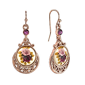 1928 Jewelry Women's Rose Gold Tone Manor House Purple & Pink Rose Flower Amethyst Crystal Drop Earrings