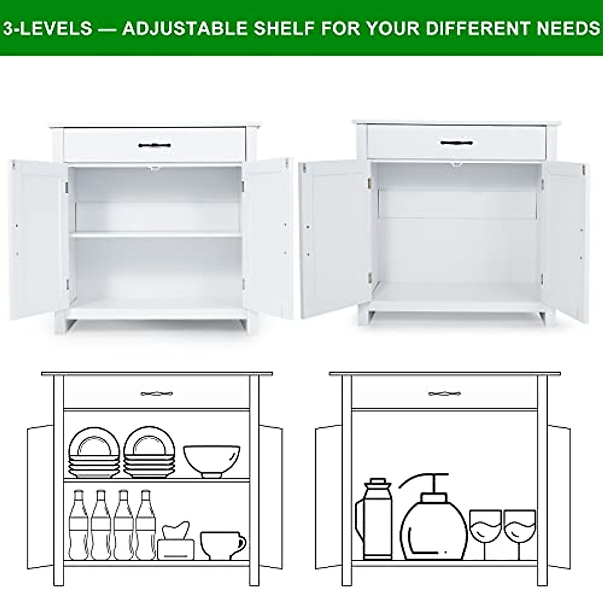 AVAWING Kitchen Sideboard Buffet Cabinet, Modern Farmhouse Kitchen Storage Cabinet with Drawer and Adjustable Shelf, Coffee Bar Cabinet for Kitchen, Dining Room, Bathroom, Entryway, White