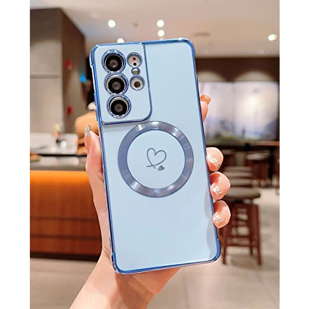 Ponnky Samsung Galaxy S21 Ultra Case for Women Girl Cute Love-Heart Compatible with Magsafe with Magnetic Wirless Charging Full Camera Bumper Shockproof Phone Case for Galaxy S21 Ultra (Blue)
