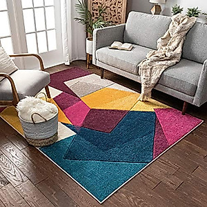 Well Woven Strata Squares Blue Purple Fuchsia Yellow Orange Modern Geometric Hand Carved 8x10 (7'10" x 9'10") Area Rug Easy to Clean Stain & Fade Resistant Thick Soft Plush