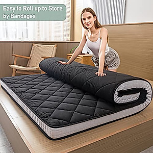 MAXYOYO Japanese Floor Futon Mattress Full Size, Floor Couch for Adults Roll Up Folding Floor Bed Portable Mattress Foam Mattress Queen, Diamond Patterned Japanese Futon Bed, Black