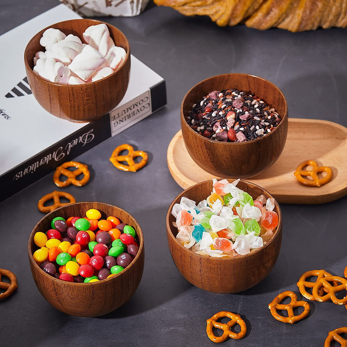 12 Pcs Small Wooden Bowls Jujube Wooden Bowls Wood Japanese Bowls for Sauce Soup Salad Rice Food Serving Decorations 8 Oz, 3.74 x 2.56 Inch