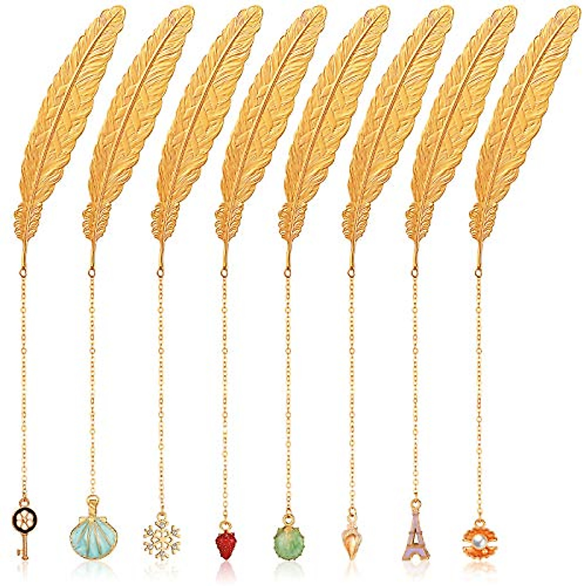 8 Pieces Metal Feather Pendant Bookmarks 3D Gold Vintage Bookmark Shell Tower Strawberry Snowflake Pendant Bookmarks Presents for Teens Adults Friends Readers Students