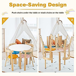 HONEY JOY Kids Table and Chair Set, Bentwood Toddler Round Table and 4 Chairs for Craft Art, Building Block, 5-Piece Children Furniture Set for Daycare, Kindergarten, Playroom (Colorful)