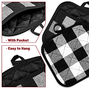 Whaline 6pcs Christmas Buffalo Plaid Hot Pot Holders Cotton Hot Pad with Pocket Reusable Heat Resistant Oven Mint for Kitchen Cooking and Baking (White Black)