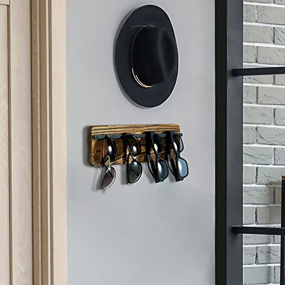 MyGift Burnt Wood Sunglasses Organizer Wall Mounted Rustic Eyeglasses Display Holder, Eyewear Glasses Hanging Rack with Black Metal Rail